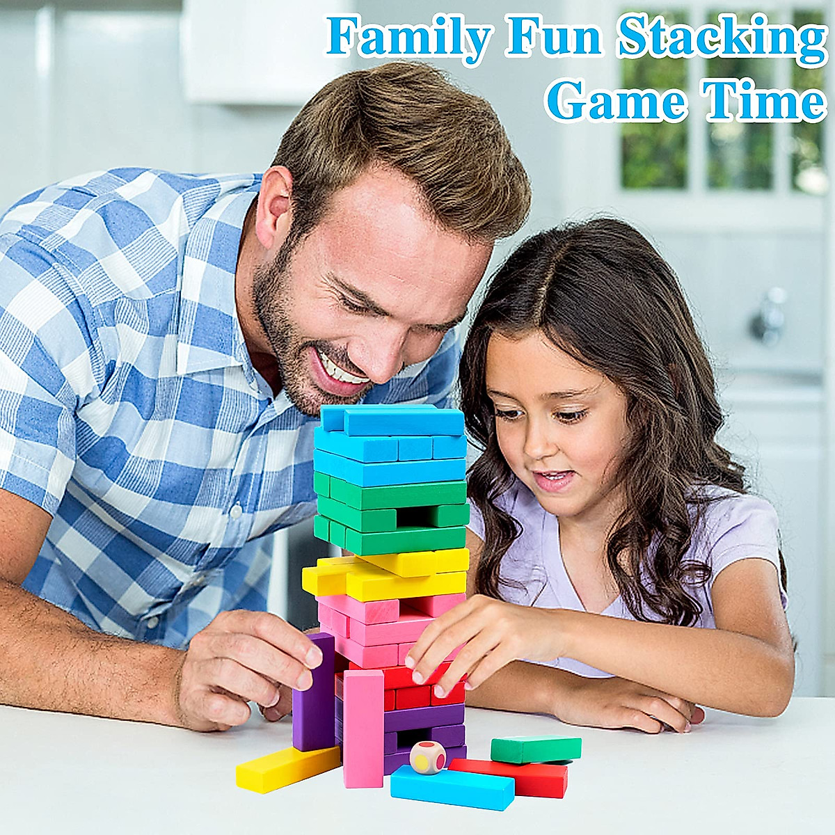 Stacking Board Game,Colored Wooden Stacking Game,48PCS Tumble Tower With Dice,Colorful Stacking Block Party Game,Educational Stacking Building Blocks For Kids,Stacking Gifts Set For Boys Girls Adults