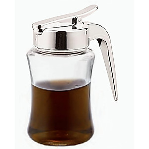 J&M DESIGN Glass Syrup Dispenser Bottle for Maple Syrup, Honey Pot or Sugar Jar W/Handle Shaker For Pancakes, Coffee, Cereal Bowl, Tea Pour Spout Lid Easy Spoon Measure 7.5oz Container Holder