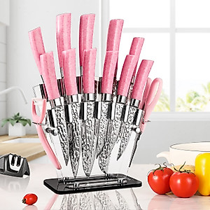 Kitchen Knives Set, High Carbon Stainless Steel Knife Set 15 PCS, Super Sharp Cutlery Knife Set with Clear Acrylic Stand, Sharpener Knife Block Set, Pink Knife Set