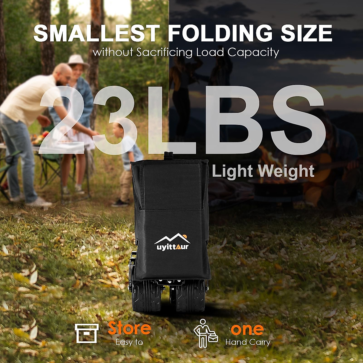 Uyittour Collapsible Folding Wagon Cart Heavy Duty Foldable, Beach Wagon with Big Wheels for Sand, Utility Grocery Wagon with Side Pocket and Brakes for Camping Sports Outdoor Activities, Black