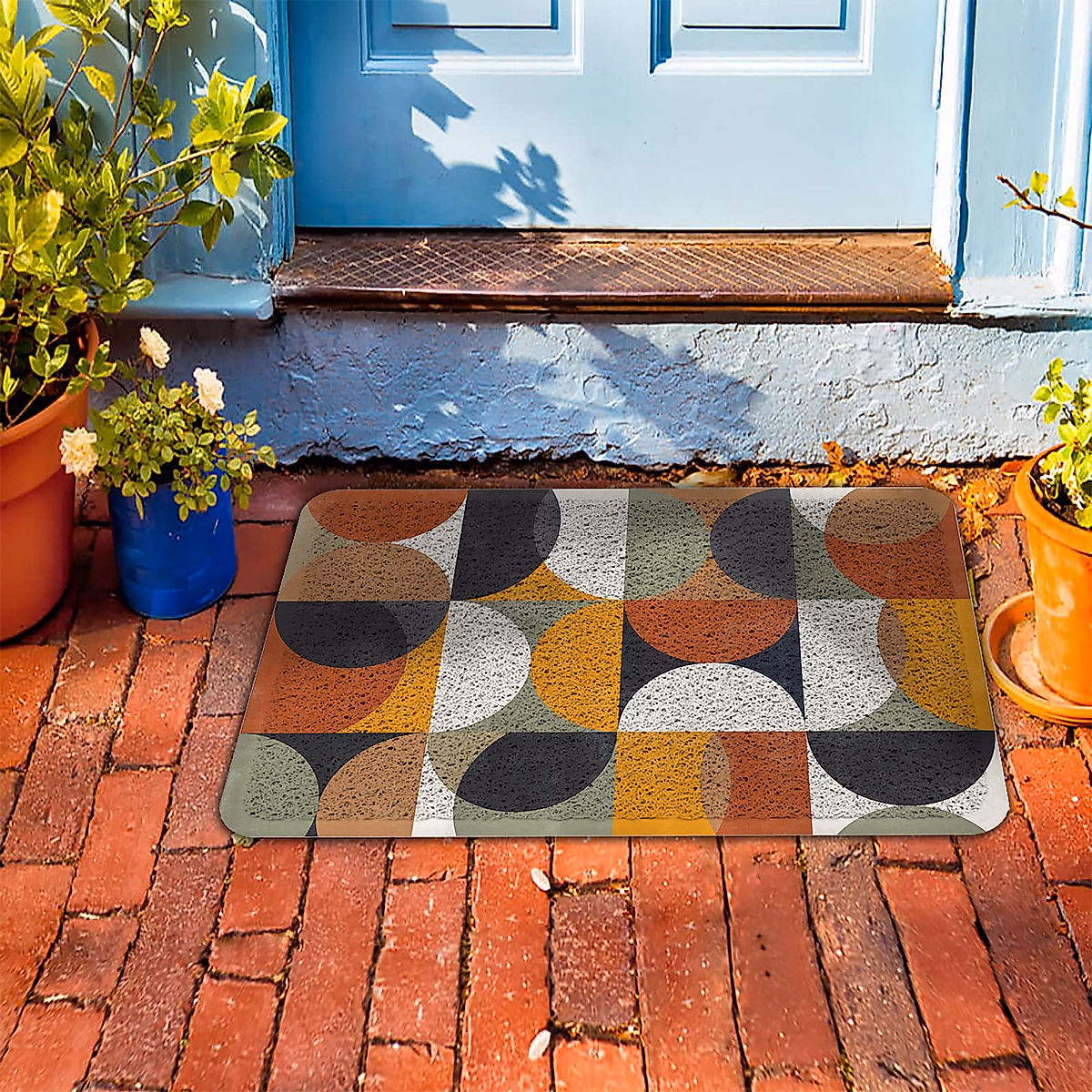 Fantasy Staring Mid Century Modern Outdoor Indoor Entrance Doormat Retro Orange Yellow Green Abstract Geometry Front Welcome Door Mats Inside Outside Rugs, Waterproof Non Slip and Durable 24" x 35"