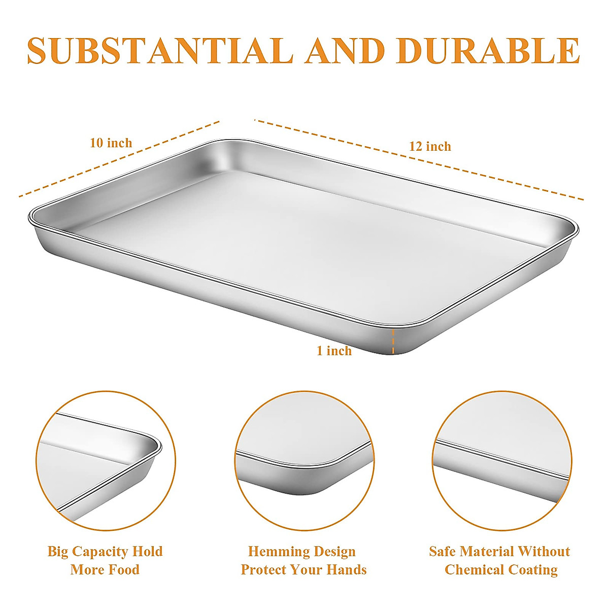 Stainless Steel Baking Sheet Set of 2, Deedro Cookie Sheet Metal Baking Pan Oven Tray, Non Toxic & Heavy Duty, Rust Free & Mirror Finish, Easy Clean & Dishwasher Safe, 12 x 10 x 1 Inch