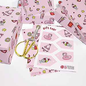 CENTRAL 23 Summer Wrapping Paper For Women - 6 Pink Wrapping Paper Sheets - For Birthday, Christmas, Bridal Shower - Comes With Fun Stickers