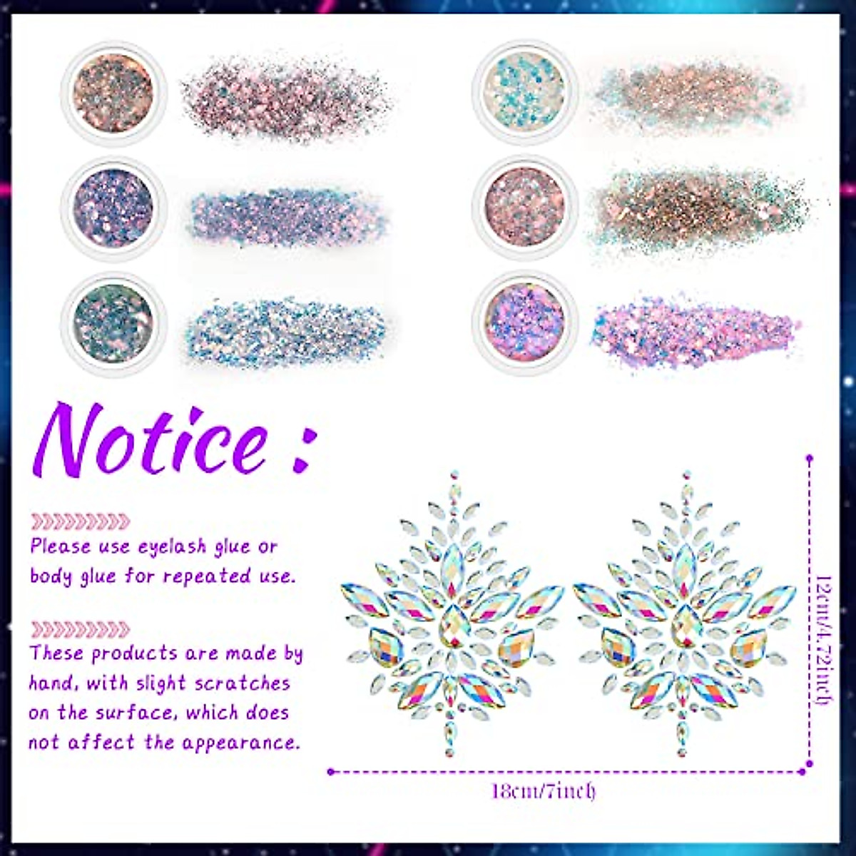 8 Pieces Halloween Jewels Tattoo Body Gems Rhinestone Sticker with 6 Boxes Chunky Holographic Face Hair Glitter Crystals Face Stickers Jewels for Rave Festival Makeup(Vivid Style)
