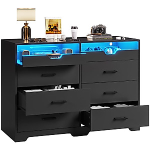 Hasuit 6 Drawers Dresser with LED Lights for Bedroom, Modern Double Dresser with 2 Pull-Out Trays, Black Chest of Drawers Bedroom Storage Organizer, Dimensions 15.6" D x 42.6" W x 30.1" H