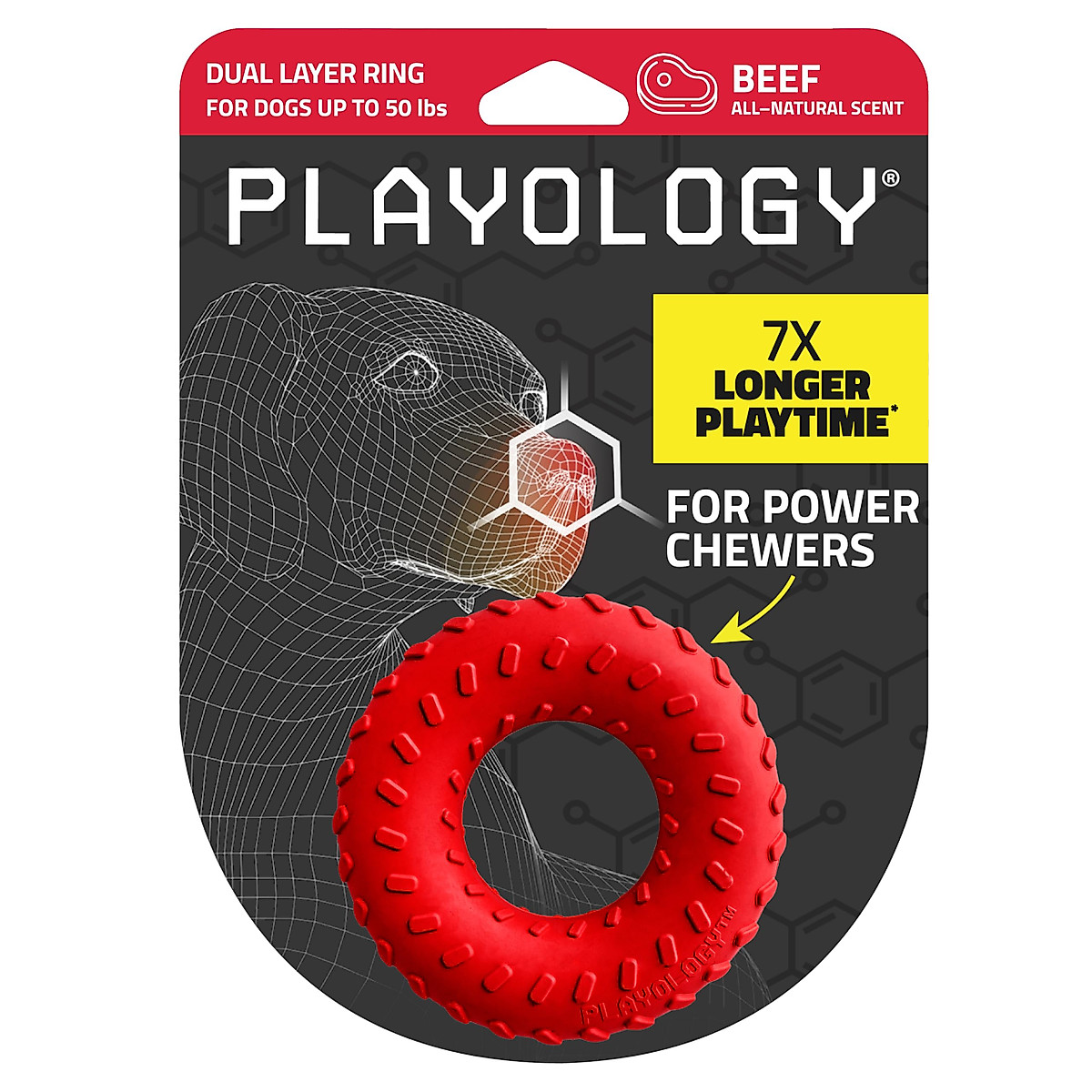 Playology Dual Layer Ring Toy for Medium Dogs up to 50lbs | Engaging All-Natural Beef Scented Durable Dog Chew Toy for Power Chewers, Easy to Clean, Interactive & Non-Toxic