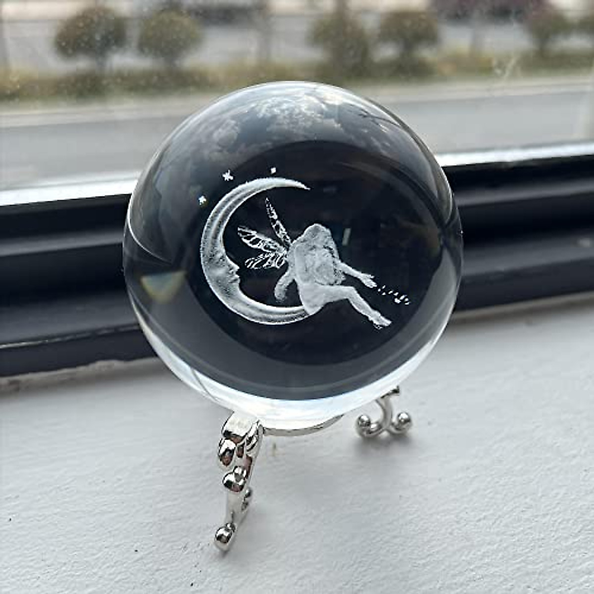 60mm(2.3inch) Moon & Fairy Crystal Ball Paperweight 3D Laser Engraved Quartz Glass Ball Sphere Table Decor Crafts