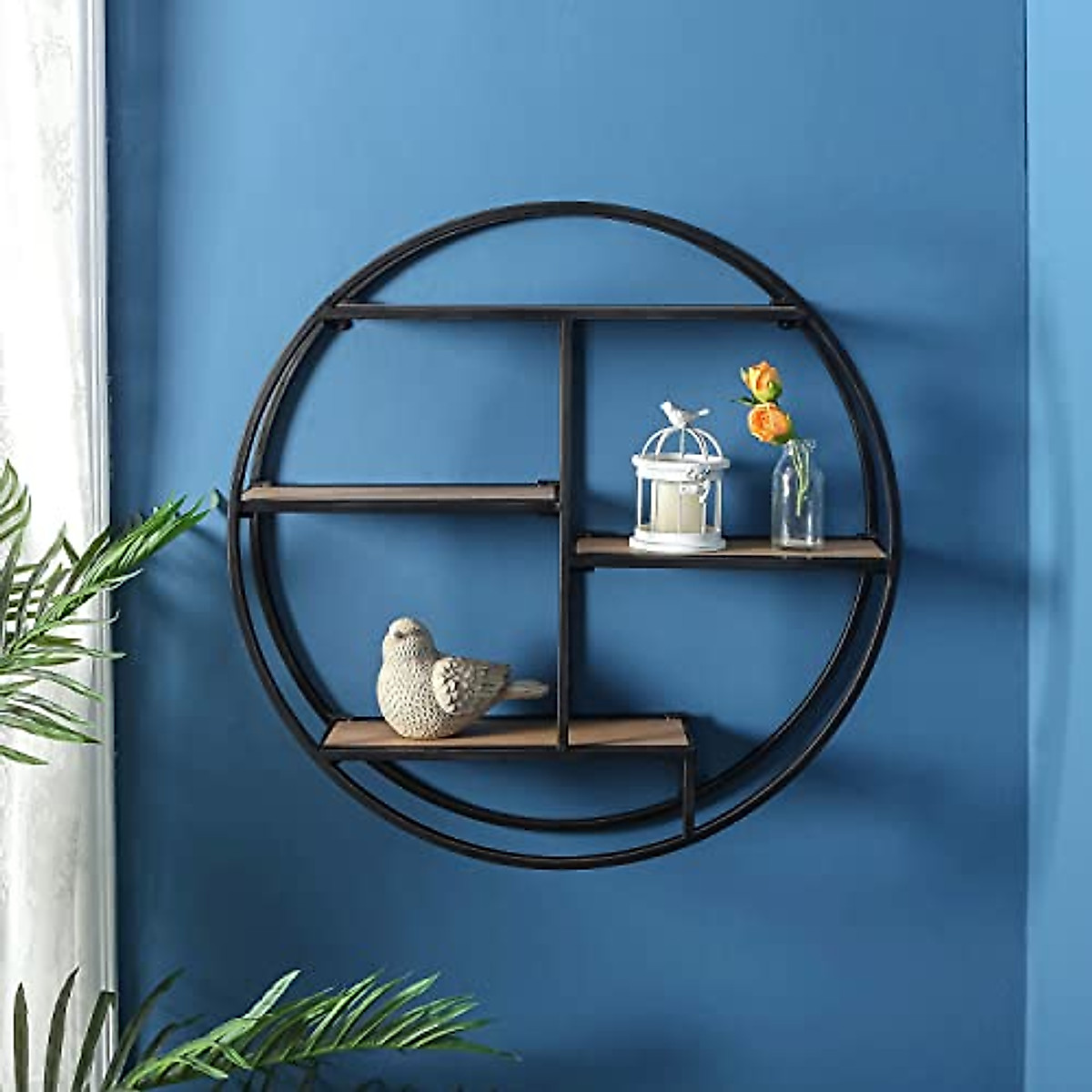 SOFFEE DESIGN Wall Mounted Geometry Flower Rack Home Decoration Layer Wall Shelves Metal Rack Wood Wire Kitchen Floating Hive Bedroom Iron Storage Black Room, 4-Tier Round Shape
