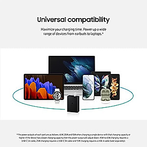 Samsung 65W 3-Port Super Fast Charging Wall Charger, 1x USB-C 65W, 1x USB-C 25W, 1x USB-A 25W, Max capacity 65W (Cable not included), Black, US version