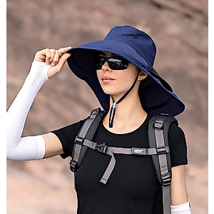Women Sun Hats UV Protection Wide Brim Foldable Ponytail Hole Beach Hats with Neck Cover for Gardening (Navy)