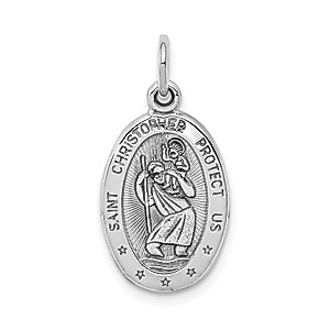 Solid 10k White Gold Catholic Patron Saint CHRISTOPHER Pendant Charm Medal - 24mm x 11mm