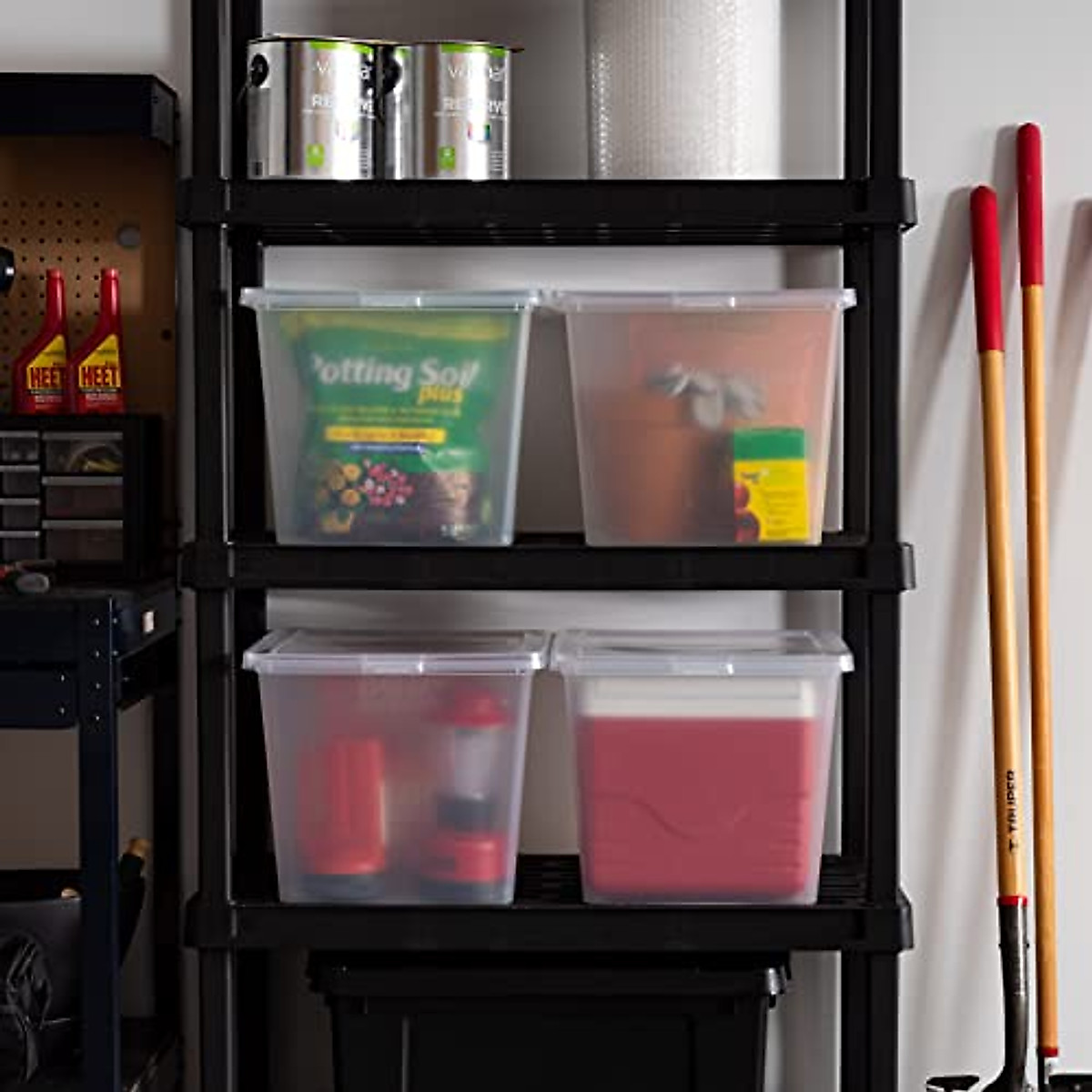 IRIS USA 36 Quart Plastic Storage Bin Tote Organizing Container with Latching Lid, Stackable and Nestable, Clear, 4 Pack