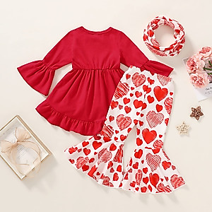 YOUNGER TREE Toddler Girl Kids Valentine's Day Outfits Long Sleeve Pullover Red Tops + Heart Bell Bottom 3Pcs Clothes Sets (Red, 4T-5T)