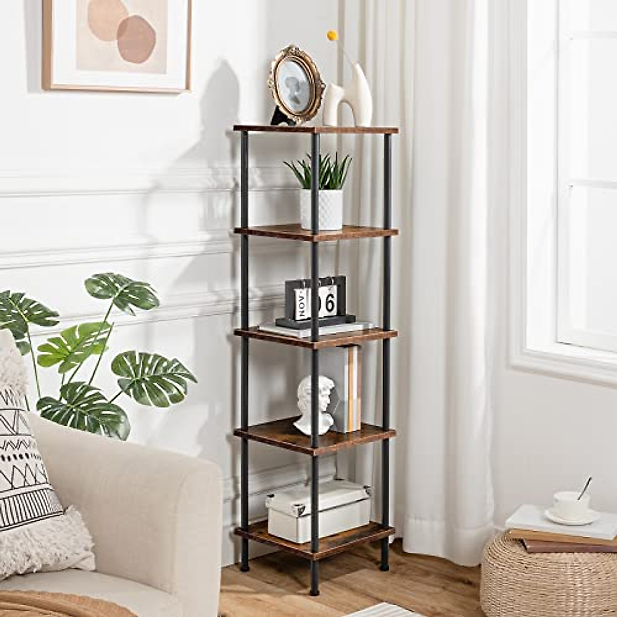 HOOBRO 5-Tier Corner Shelf Stand, Corner Square Rack Display Shelf, Tall Storage Rack Plant Stand, Corner Bookcase for Small Spaces, Living Room, Home Office, Kitchen, Rustic Brown and Black BF50CJ01