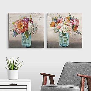 2 Piece French Cottage Bouquet Canvas Wall Art Print Set, Flower Home Decor