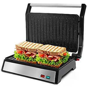 Aigostar Panini Press, 1200W Sandwich Maker and Electric Indoor Grill with Ceramic Non-Stick Coated Plates, Opens 180°to Fit Any Size of Food, Stainless Steel Surface & Removable Drip Tray, Silver