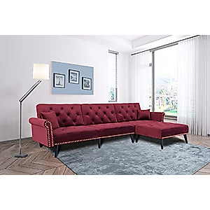 Peciafy Modern Reversible Sectional Sofa Couch for Living Room L-Shape Sofa Couch 3-seat Sofas Solid Wood Legs for Small Space, Decor with Metal Nails - Wine Red