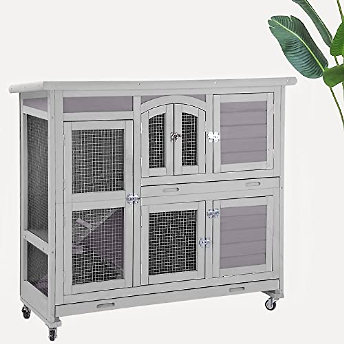 MEDEHOO Two-Story Rabbit Hutch with Wheels Guinea Pig Cage Indoor Outdoor Bunny Cage with 2 Deep Leakproof Tray