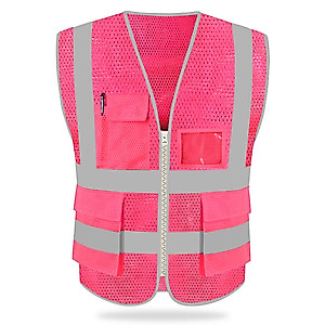 HYCOPROT High Visibility Mesh Safety Reflective Vest with Pockets and Zipper, Meets ANSI/ISEA Standards (Small, Pink)