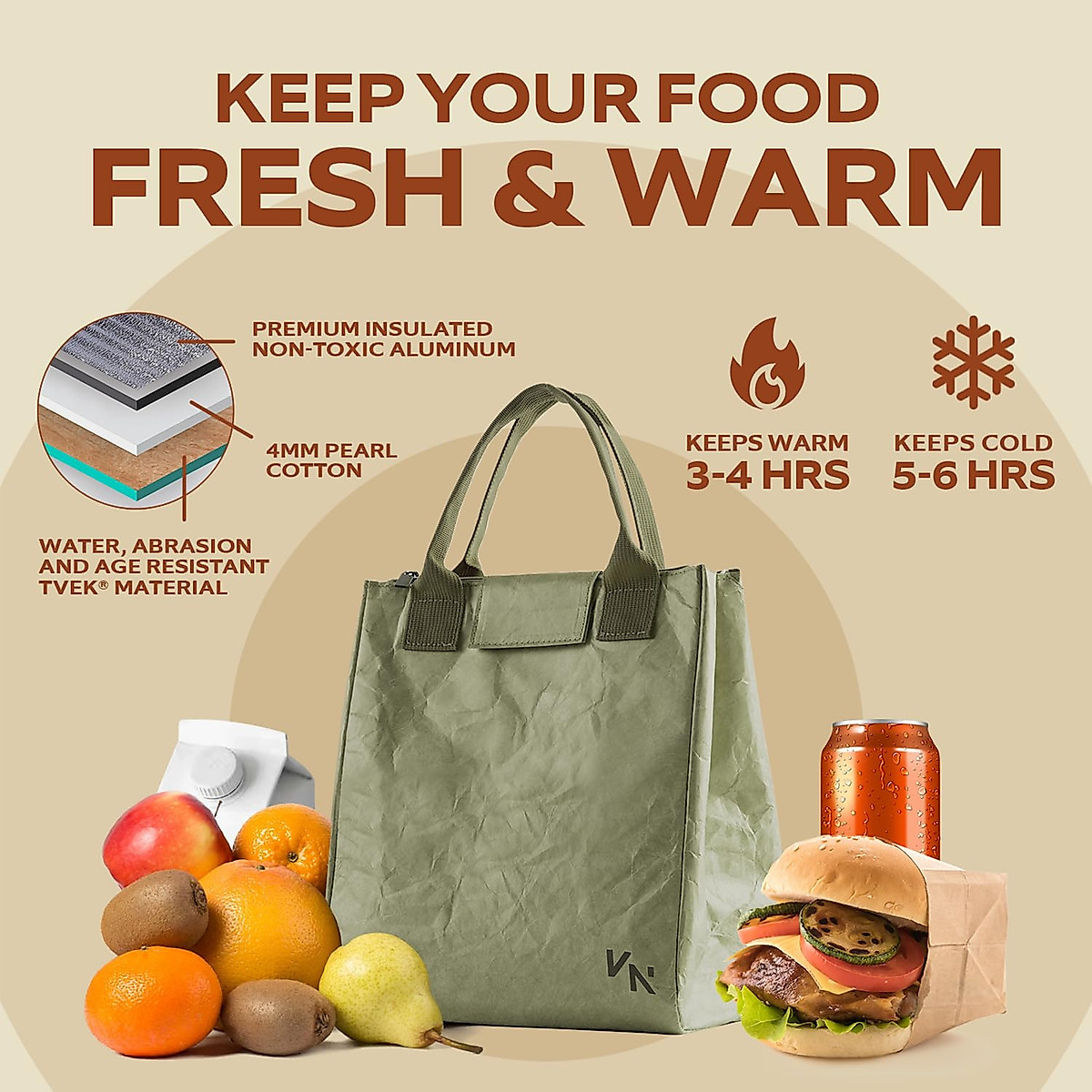 VonNova Insulated Lunch Box for Women, 7L Capacity, Leakproof Lunch Tote Bag, Durable Lunchbox made from Tyvek Material, Adult Cooler Bag for Work, Picnic, Travel and more (Olive Green)