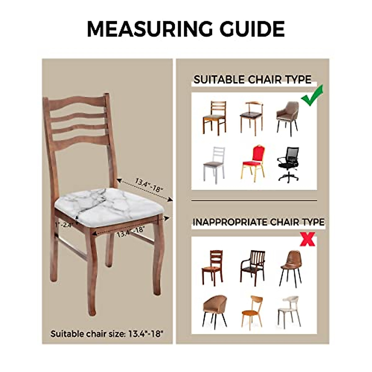 Chair Seat Cover, Marble Texture White Gray Dining Chair Slipcovers Strech Removable Chair Covers Protection for Wedding, Party, Banquets, 13.7"x 13.7" Set of 4