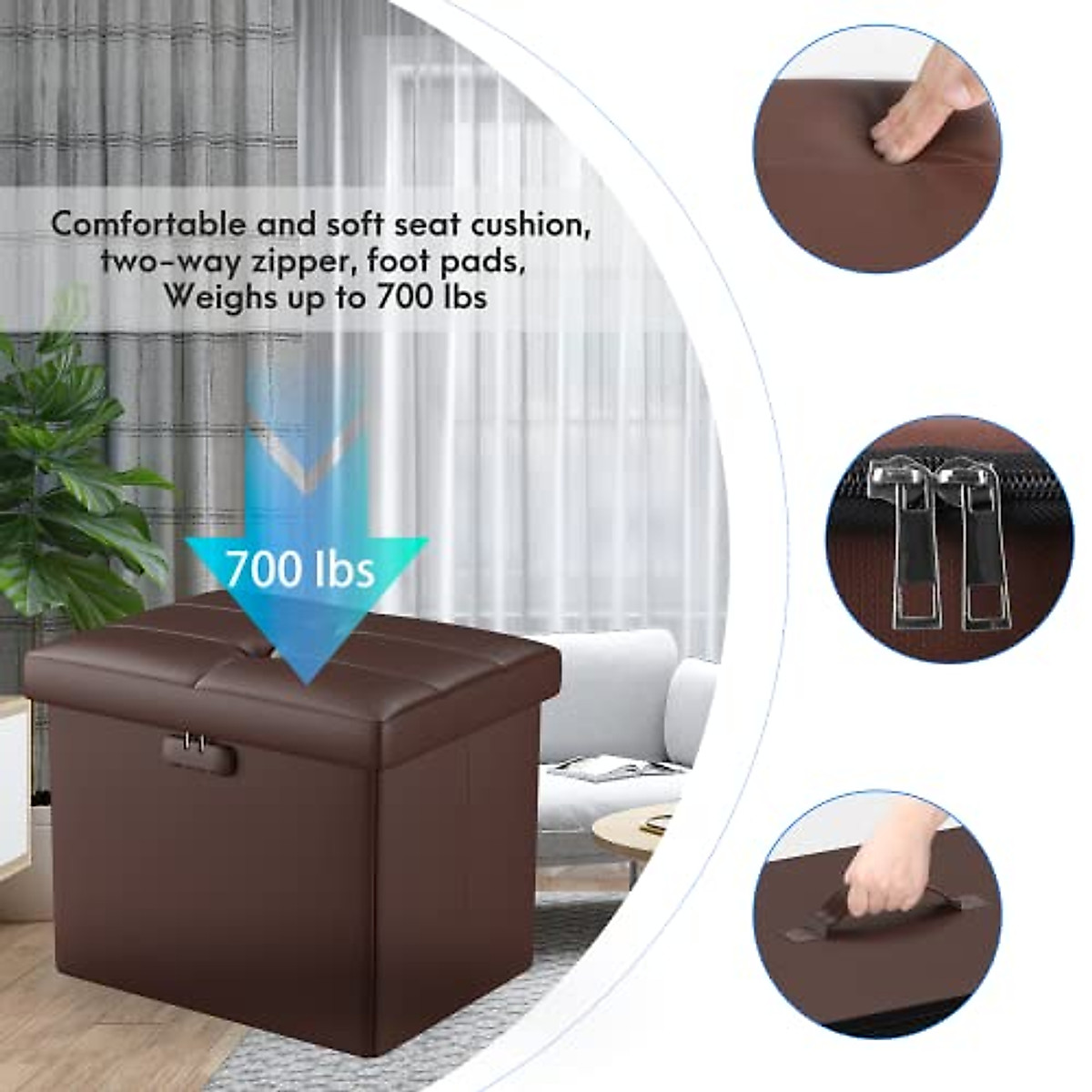 Tamfile Storage Ottoman with Lock, Fireproof Safe Folding for Documents, Waterproof Foot Rest Stool, Stable Short Living Room, Brown, 17 * 13 * 13inch