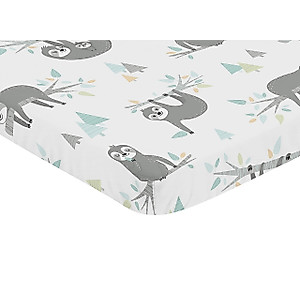 Sweet Jojo Designs Blue and Grey Jungle Sloth Leaf Unisex Boy or Girl Baby Nursery Fitted Mini Portable Crib Sheet for Mini Crib or Pack and Play - Turquoise, Gray and Green Botanical Rainforest
