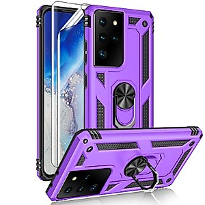Androgate for Samsung Galaxy S21 Ultra 5G Case with HD Screen Protectors, Military-Grade Metal Ring Holder Kickstand 15ft Drop Tested Shockproof Cover Case for Samsung Galaxy S21 Ultra Purple