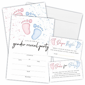 JCVUK Set of 25 Baby Shower Invitations with Envelopes, Diaper Raffle Tickets and Baby Shower Book Request Cards, Baby Footprints Theme Gender Reveal Party For Boys or Girls(YQKTZ-A03)
