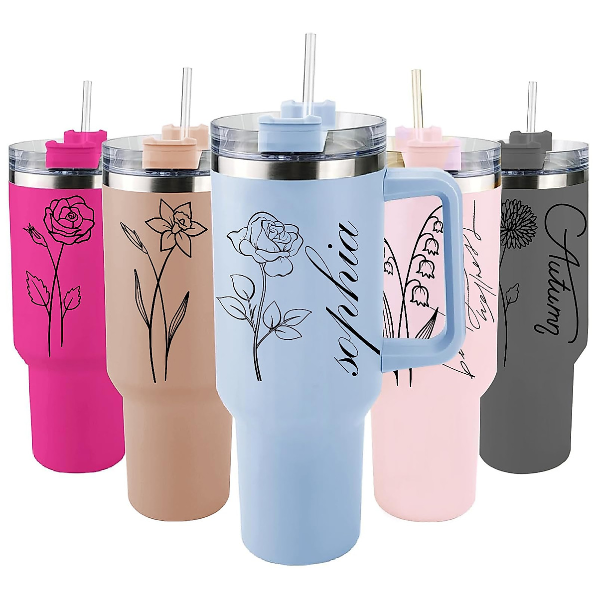 Custom Tumbler Personalized Tumbler with Name Birth Flower 40 Oz Customized Insulated Tumbler Mug Cup with Lid and Straw-Personalized Gifts for Women