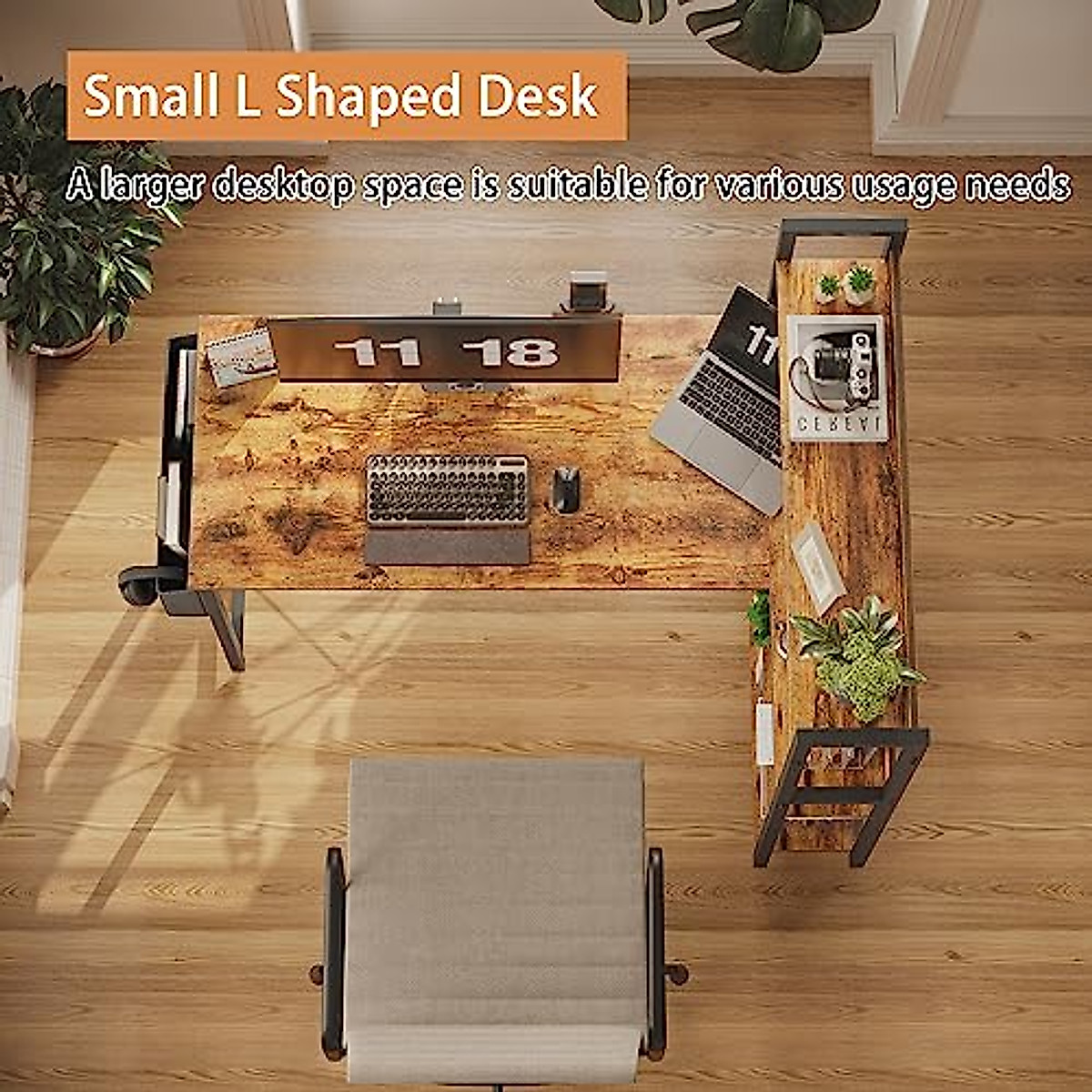 SiliBamb 47 Inch Computer Desk for Home Office, Small L Shaped Desk with Shelves, Corner Desk with Storage, Home Office Desks, Writing Study Desk, Brown