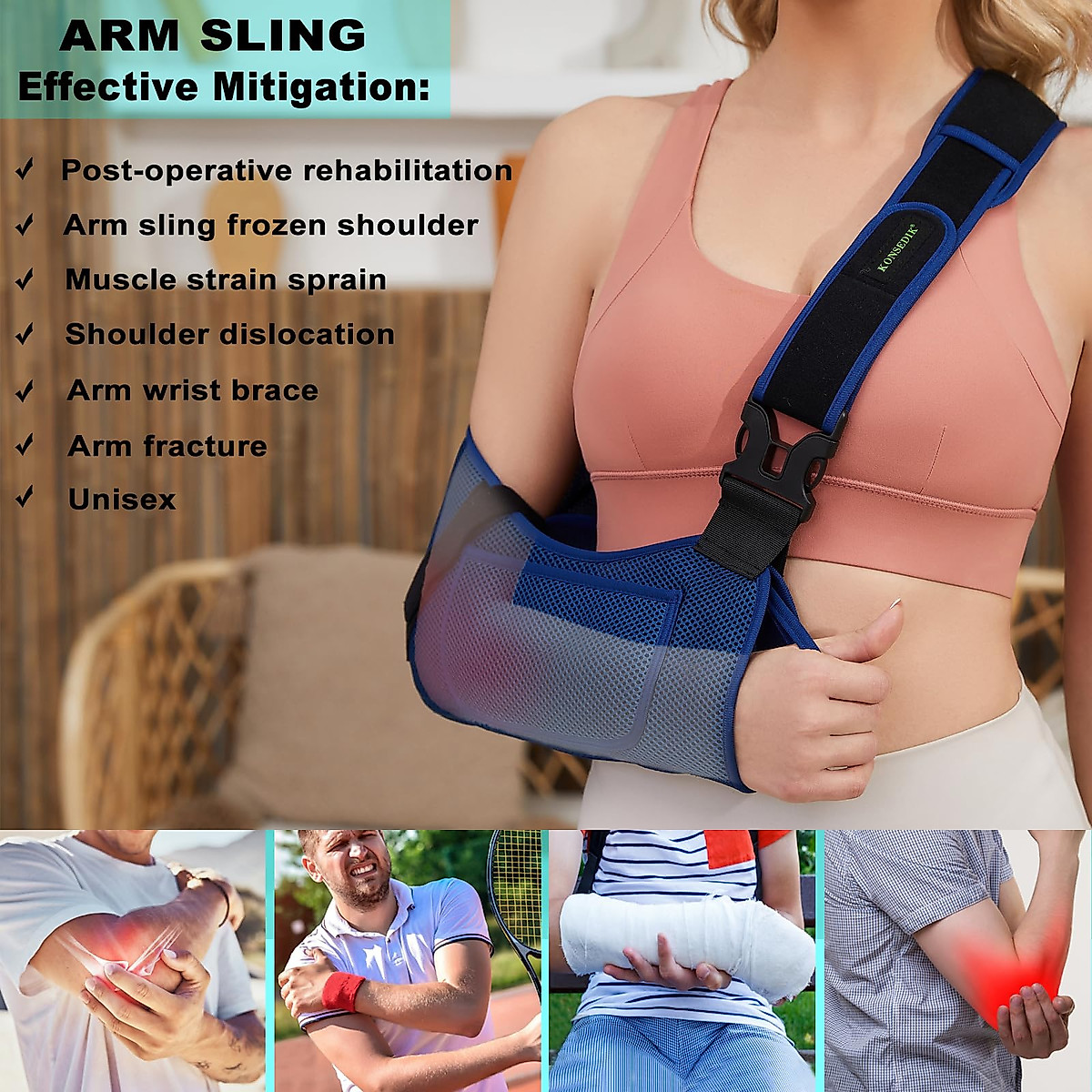 KONSEDIK Arm Shoulder Sling,Breathable Medical Sling with Shoulder Pad,support for Women and Men Rotator Cuff Injury,Left or Right Arm,Elbow,Clavicle Fracture Post-Surgery(Blue, Medium)