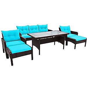 BIADNBZ 6-Piece Outdoor Furniture PE Rattan Patio Sofa Conversation Set with Dining Table and Removable Backyard, Poolside, Deck, Brown Wicker+Blue Cushion