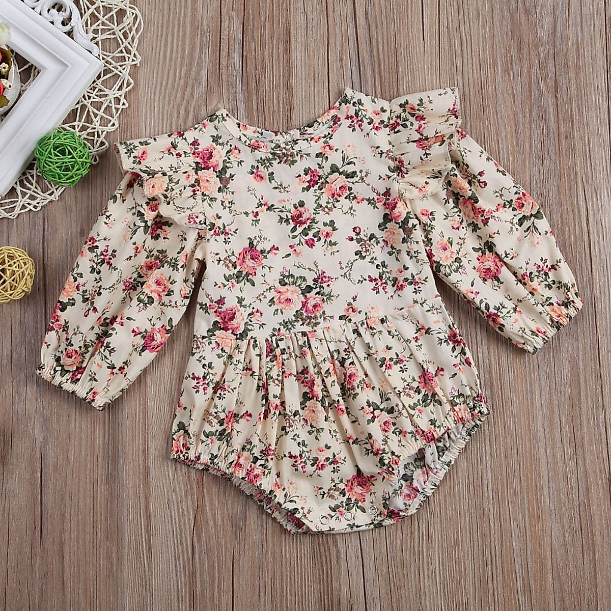 Infant Baby Girl Twins Long Sleeve Ruffles Romper Bodysuit Outfit Clothes (0-6 Months, Floral)