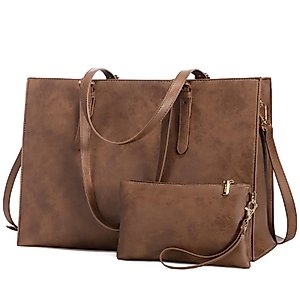 LOVEVOOK Laptop Bag for Women, Vintage Leather Works Computer Tote Bag, 15.6-Inch Large Capacity Shoulder Bag Set with Clutch Purse, Professional Business Briefcase for Office Lady, 2Pcs, Brown