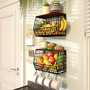 Mefirt 2pcs Fruit Basket Onion Storage Wire Baskets with Wood Lid, Stackable Wall-mounted & Countertop Tiered Kitchen Counter Organizer for Snack, Fruit and Vegetable Storage, 11.8 * 7.9 * 8.5 Inches
