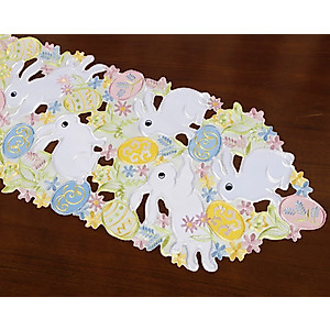 Easter Table Runner Spring Bunnys Flowery Table Runner Cutwork Embroidered Floral and Bunnys Dresser Scarf Table Topper Home Kitchen Dining Tabletop Decoration (Runner 13"×36", Bunny)