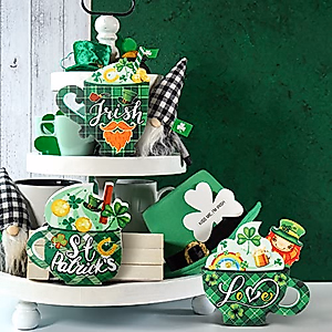 3 Pieces St. Patrick's Day Wooden Coffee Sign Double Side Coffee Cup Table Sign Irish Themed Tabletop Centerpiece Signs Shamrock Gold Coins Wooden Sign for St Patrick's Day Gift Party Home Decor