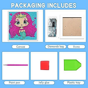 cviokrdu 5D Diamond Painting Kits for Kids with 7.1"X7.1"Wooden Frame,Disney Cartoon Mermaid Diamond Art for Kids Ages 6-12 by Number Kits DIY Painting Arts and Crafts,Diamond Dots for Kids Gift