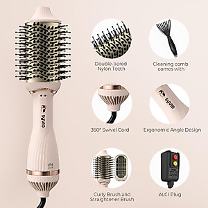 Syvio 4-in-1 Hair Dryer Brush, Detachable Oval & Flat Brush, Professional One-Step Hair Dryer & Volumizer for Straightening, Curling and Styling, Anti-frizz Hot Air Brush, Pink