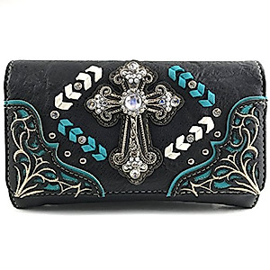 Justin West Trendy Western Cross Rhinestone Leather Conceal Carry Top Handle Square Backpack Purse (Black Blue Wallet Only)