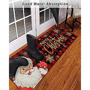 Floor Mat Kitchen Rug Santa Claus Merry Christmas Winter Snow Washable Doormat Non Slip Bathroom Rugs,Red Black Buffalo Plaid Absorbent Carpet for Bedroom Laundry Living Room Sink 18x60in
