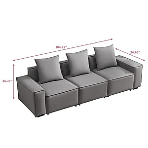 Mixoy Luxury 105" Upholstered Modular Sectional Sofa, 3-Seater Modern Leathaire Minimalist Sofa Couch with 3 Pillows & Super Size Deep Seat, (Light Grey)