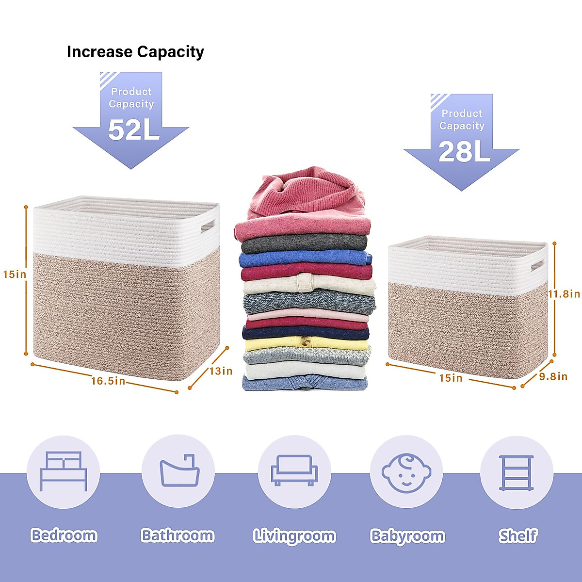 OIAHOMY Storage baskets for Shelf, Toy Storage Basket, Collapsible Storage Bins, Blanket Basket Living Room, Closet Storage for Bedroom, 15 x 9.8 x 11.8 Inches-Pack of 2-Brown