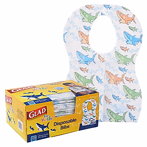 Glad for Kids Sharks Paper Bibs, 30 Count - Disposable Paper Bibs with Cute Sharks Design for Kids - Travel Bibs for Kids - Art & Craft Disposable Kids Bibs