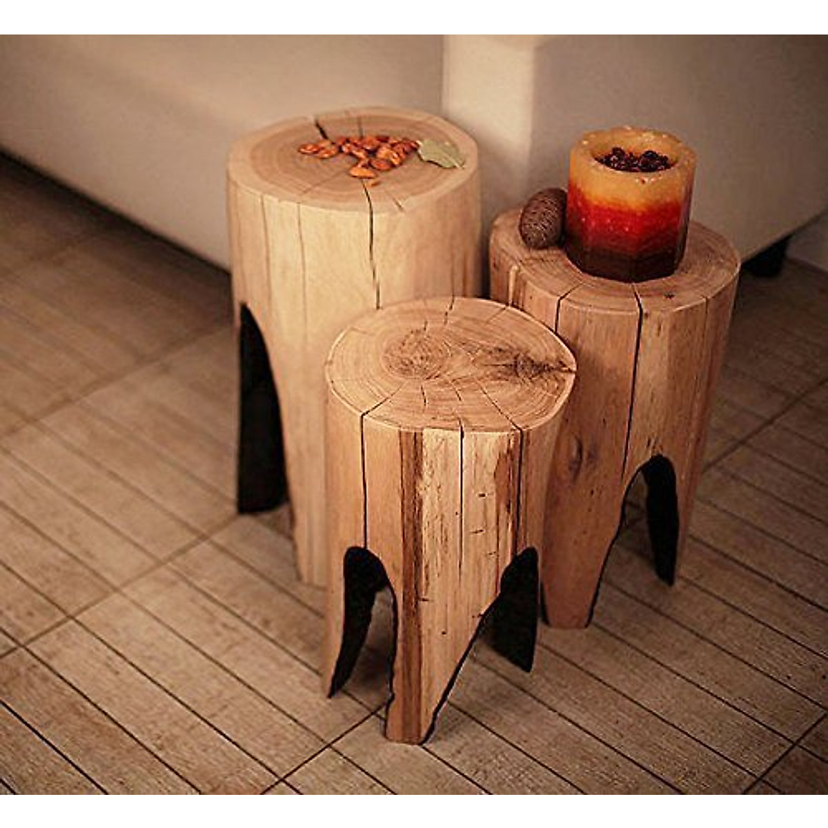 Reclaimed Wood Side Coffee Tables (Set Of Three), Log Furniture, Tree Stump Table, Home Decoration, Rustic Dorm Decor
