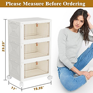 3 Tier Plastic Storage Bins with Lids 23QT, Stackable Storage Containers with Wheels, Folding Storage Boxes, Collapsible Storage Bins, Closet Organizers and Storage for Living Room,Kitchen,Office,Dorm