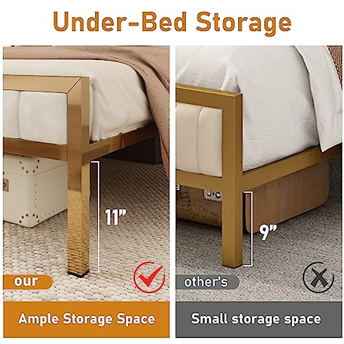HOMFAMILIA King Size Bed Frame with Headboard, Upholstered White and Gold Platform Bed Frame w/LED Lights and Under-Bed Storage, No Box Spring Needed, Noise Free, Easy Assembly