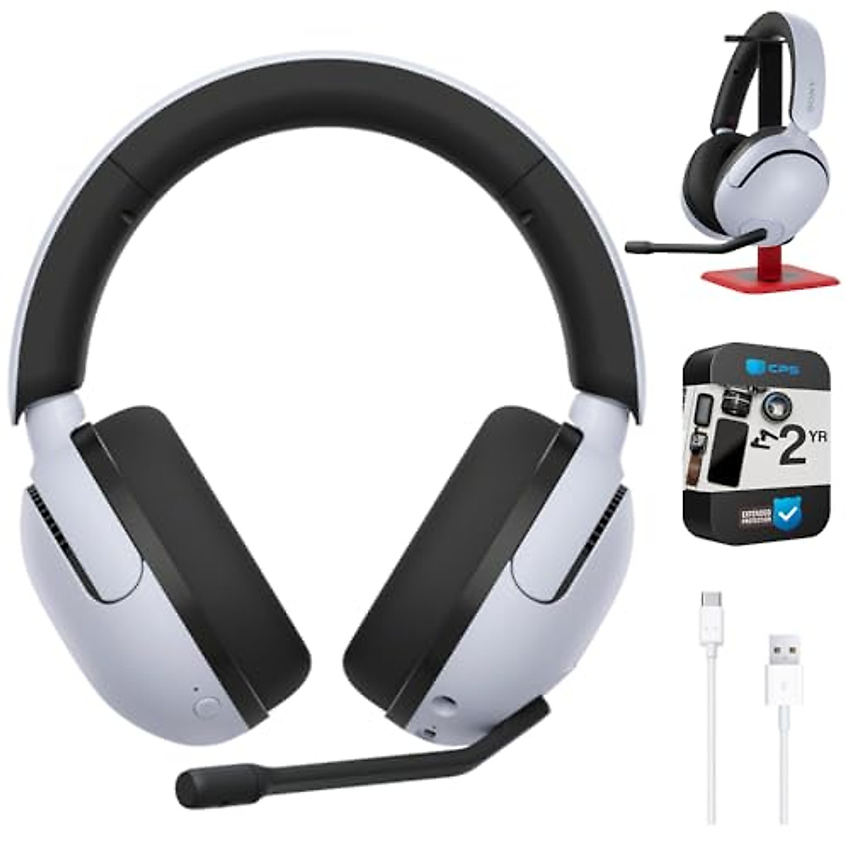 Sony WHG500/W INZONE H5 Wireless Noise Cancelling Gaming Headset, White Bundle with Deco Gear Pro Audio Headphone Stand, 6 Foot USB-A to USB-C Cable & 2 YR CPS Enhanced Protection Pack