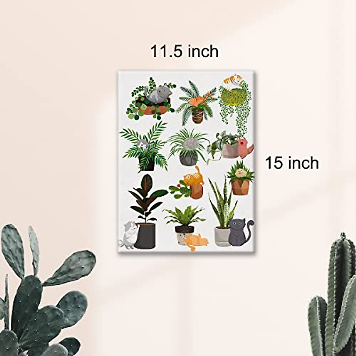 Cat Wall Art Boho Cats in Planters Canvas Print Framed Cat Artwork Cute House Plants Painting for Home Wall & Tabletop Decor